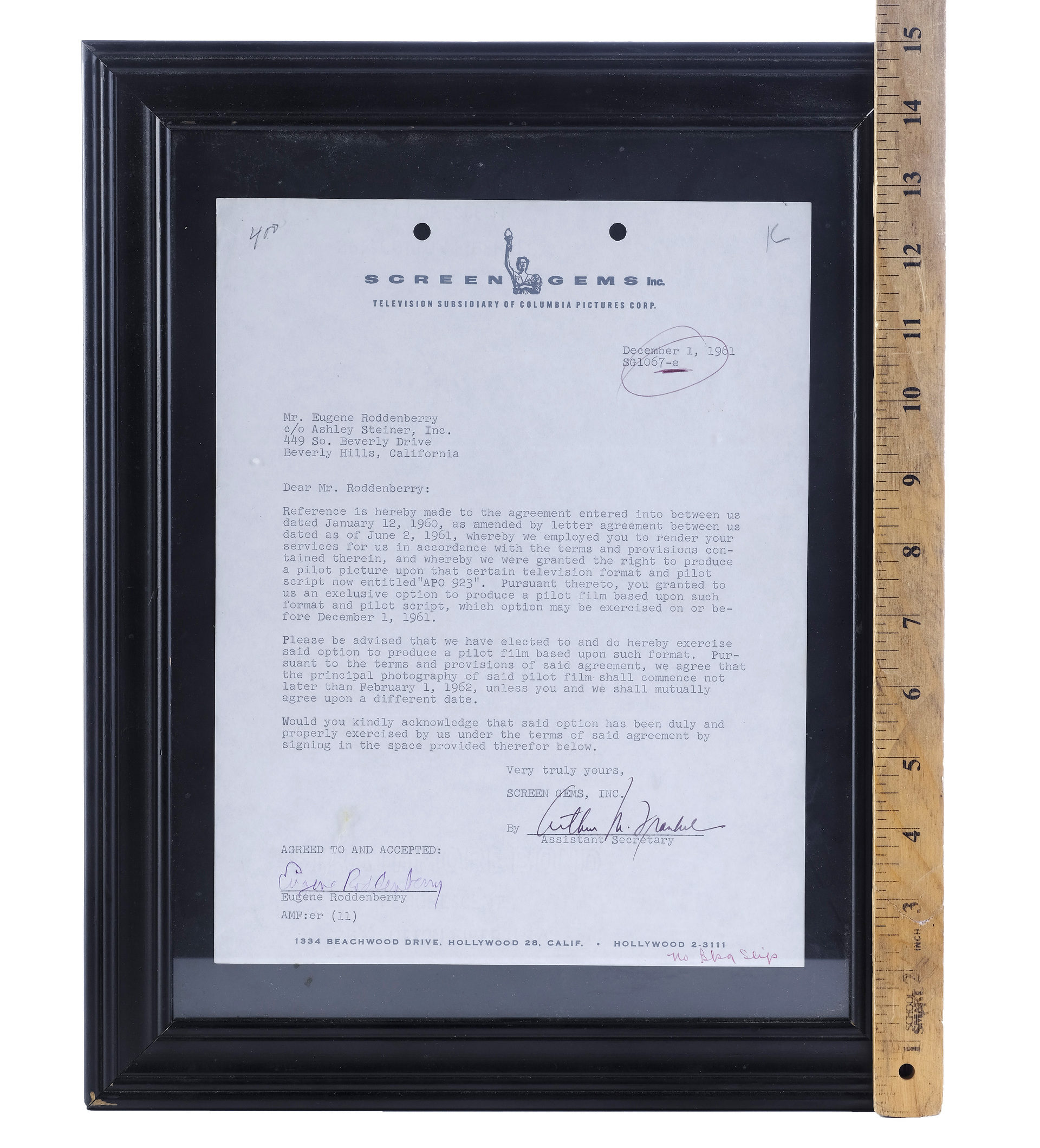 Lot 487 - Framed Gene Roddenberry-Signed Screen Gems Contract | A.P.O ...